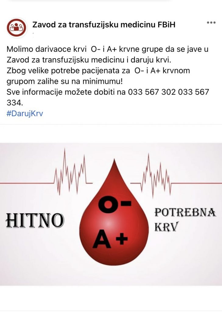 Iz Zavoda za transfucijsku medicinu FBiH apeluju na darivatelje ...